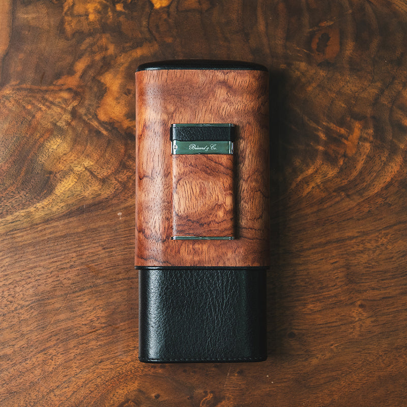 Brizard Bubinga Wood and Leather 3 Cigar case in with matching Lighter
