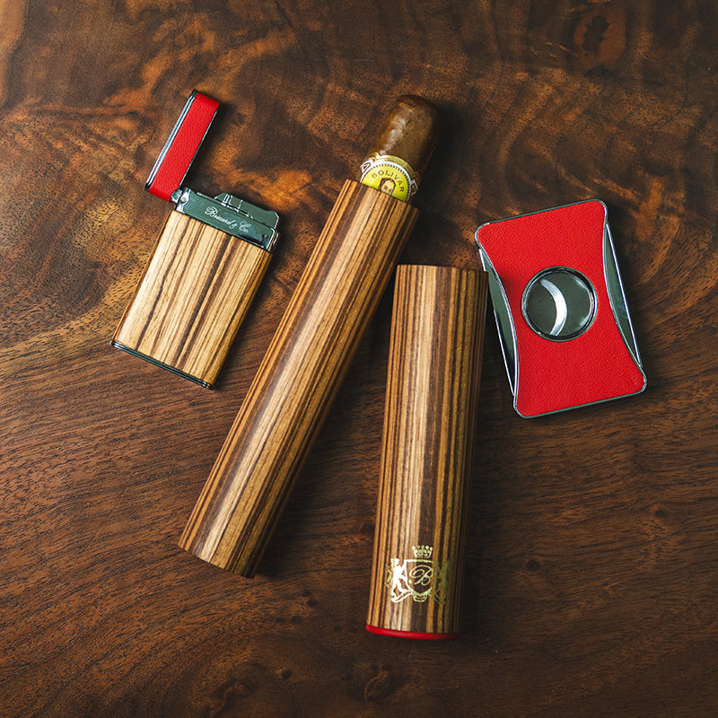 Brizard Zebrawood and Red Leather trim single Cigar Tube with matching