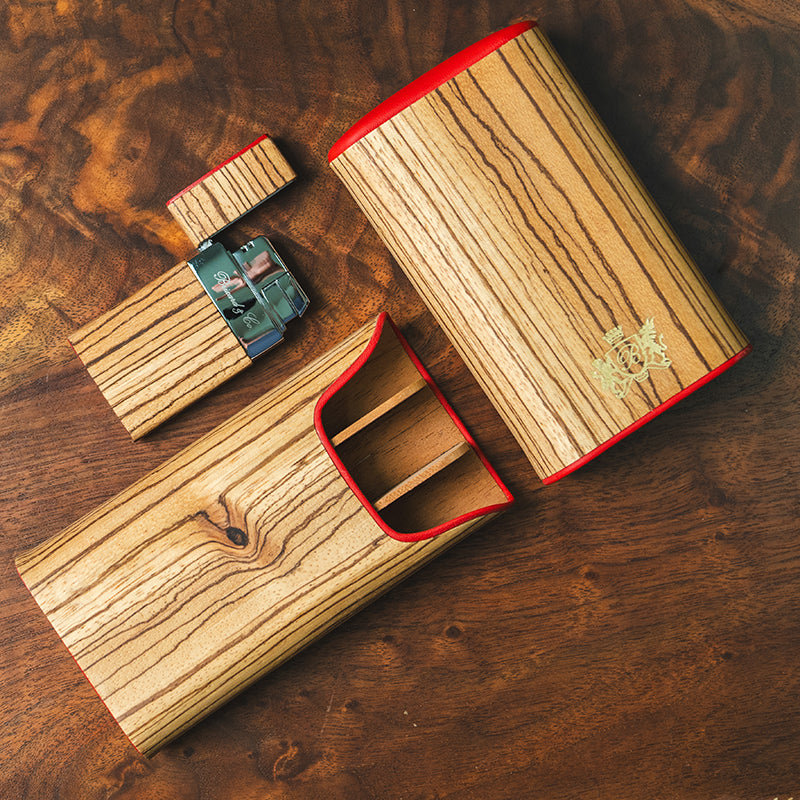 Brizard Zebrawood with Red leather trim 3 Cigar case with matching Lig